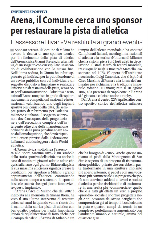 Pista d’atletica dell’Arena Brera: il Comune cerca uno sponsor – il ...